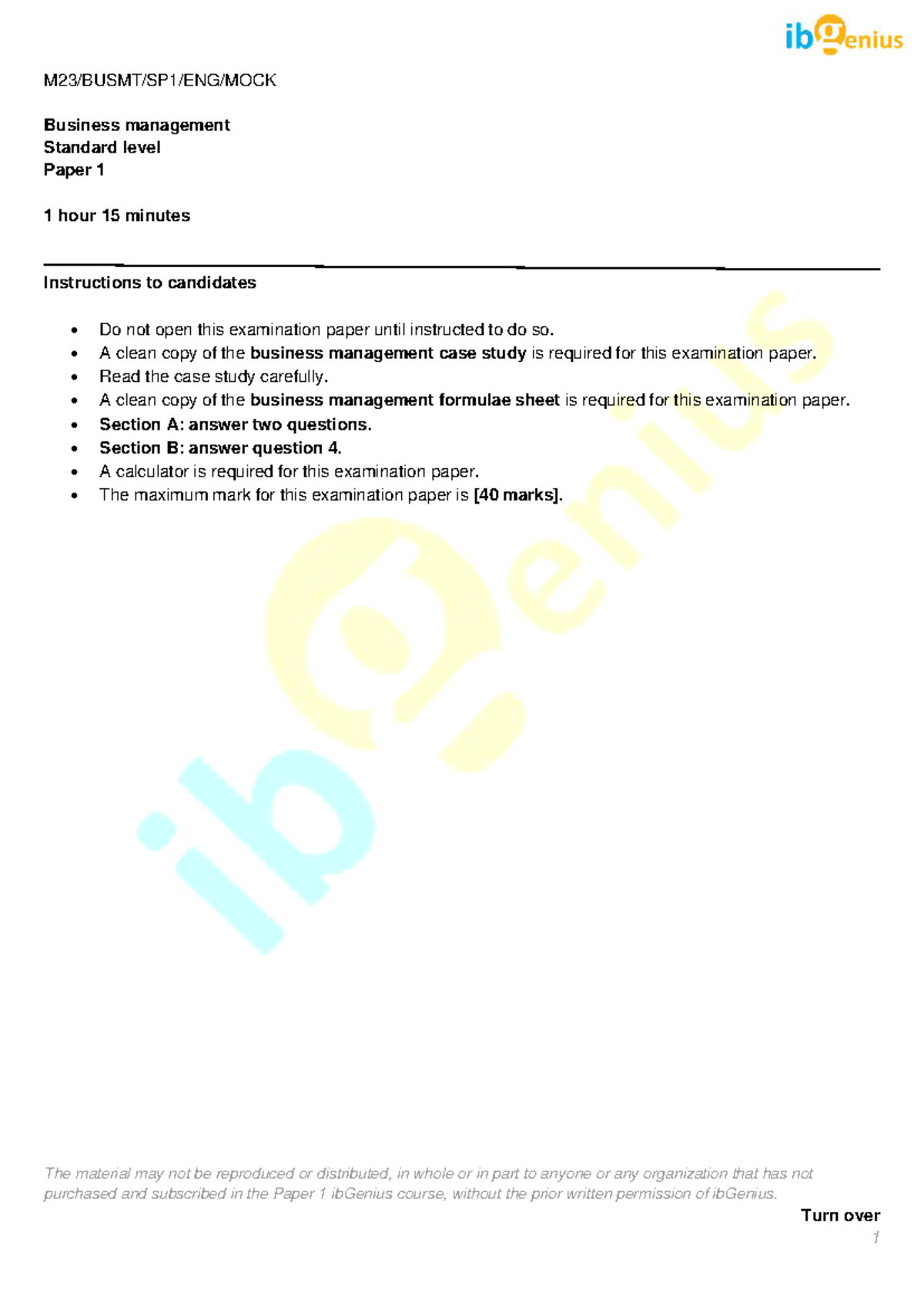 IB Business Management SL Paper 1 Mock Exam May 2023 for Students - Studocu