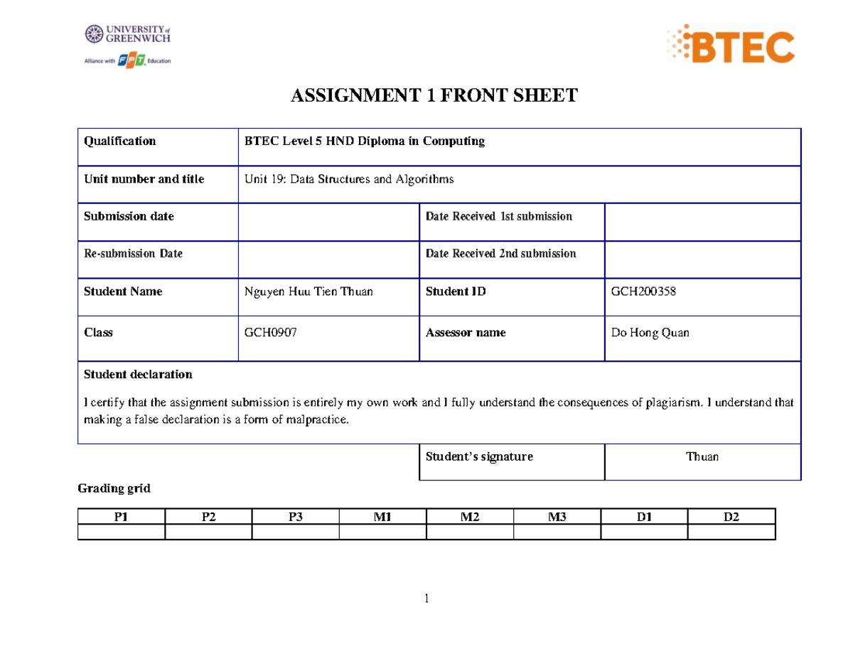 1649-GCH0907-Nguyen Huu Tien Thuan-GCH2003 58-Asm1 - ASSIGNMENT 1 FRONT SHEET Qualification BTEC ...
