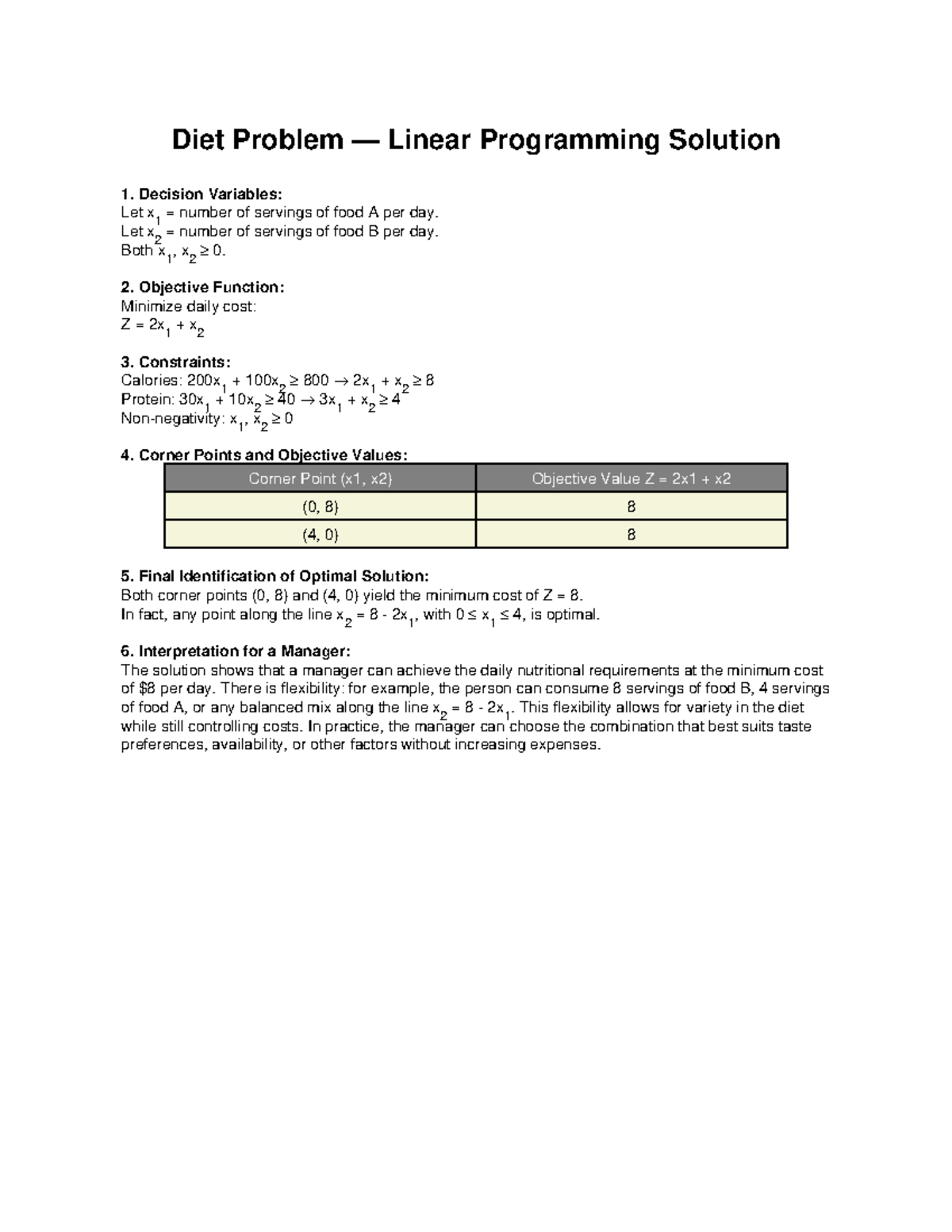 Diet Problem LP Solution: Optimal Servings & Cost Analysis - Studocu