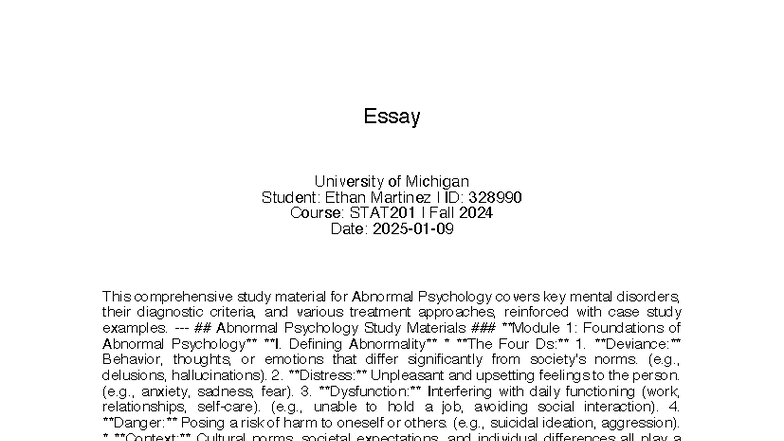 Abnormal Psychology Study Notes for STAT201 - Fall 2024 - Studocu