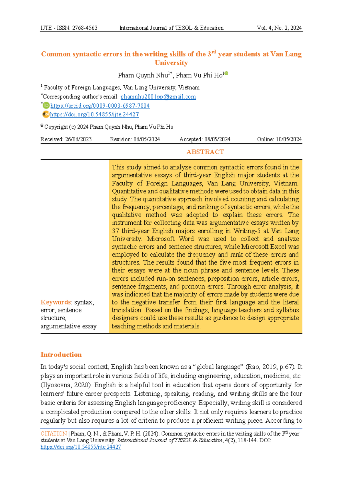 IJTE 4(2) 2024: Analyzing Syntactic Errors in EFL Essays at VLU - Studocu