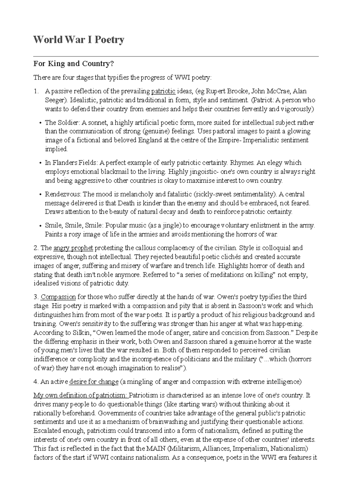 WWI Poetry Analysis Notes: From Patriotism to Pessimism - Studocu