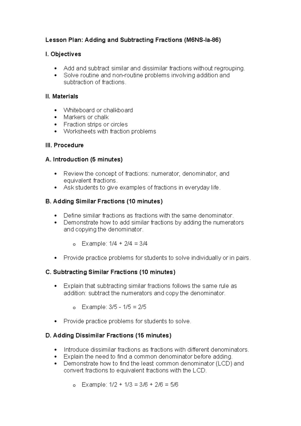 Lesson Plan: Adding & Subtracting Fractions (Math) - Studocu