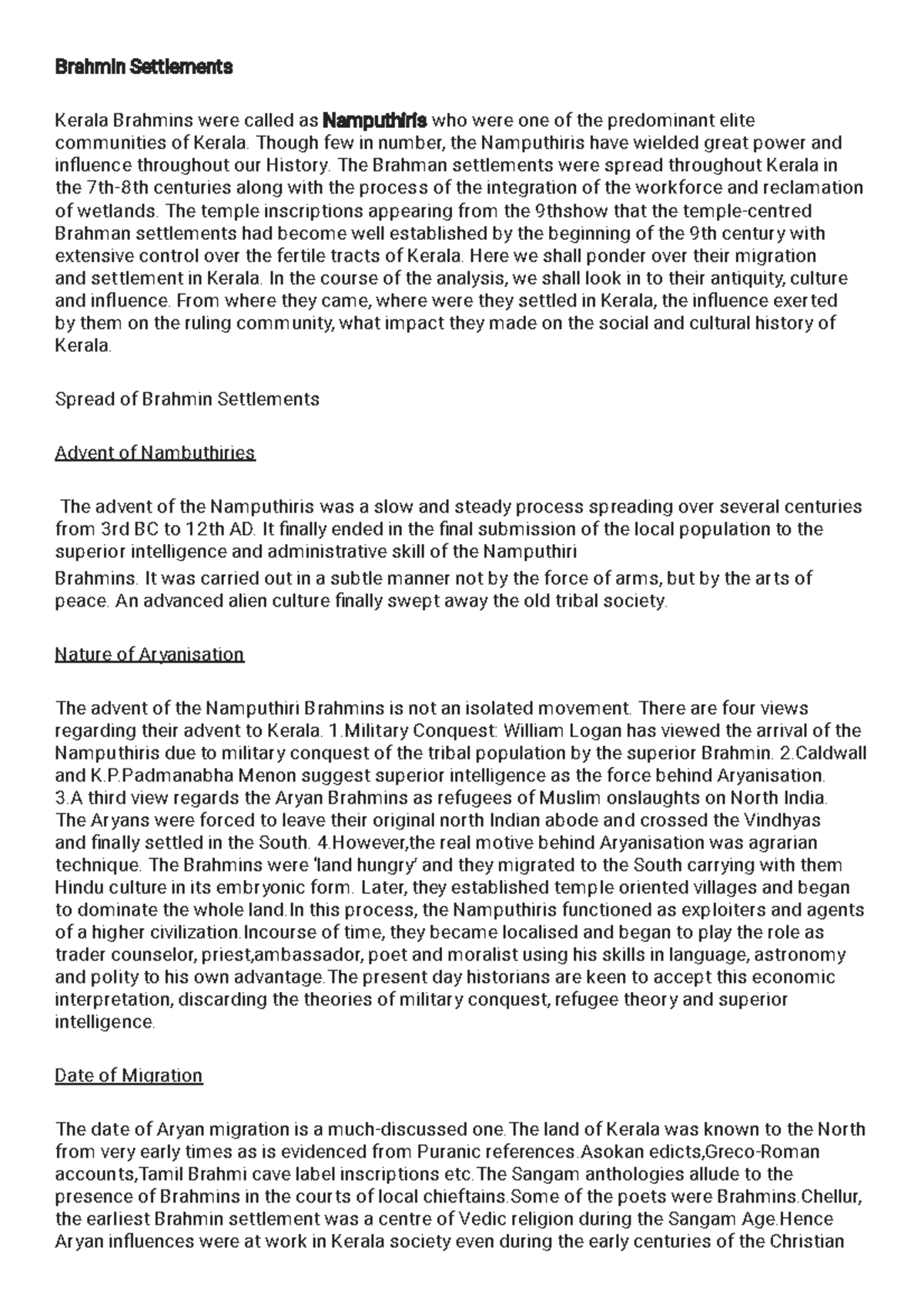Brahmin Settlements in Kerala: Insights on Aryanisation Processes - Studocu