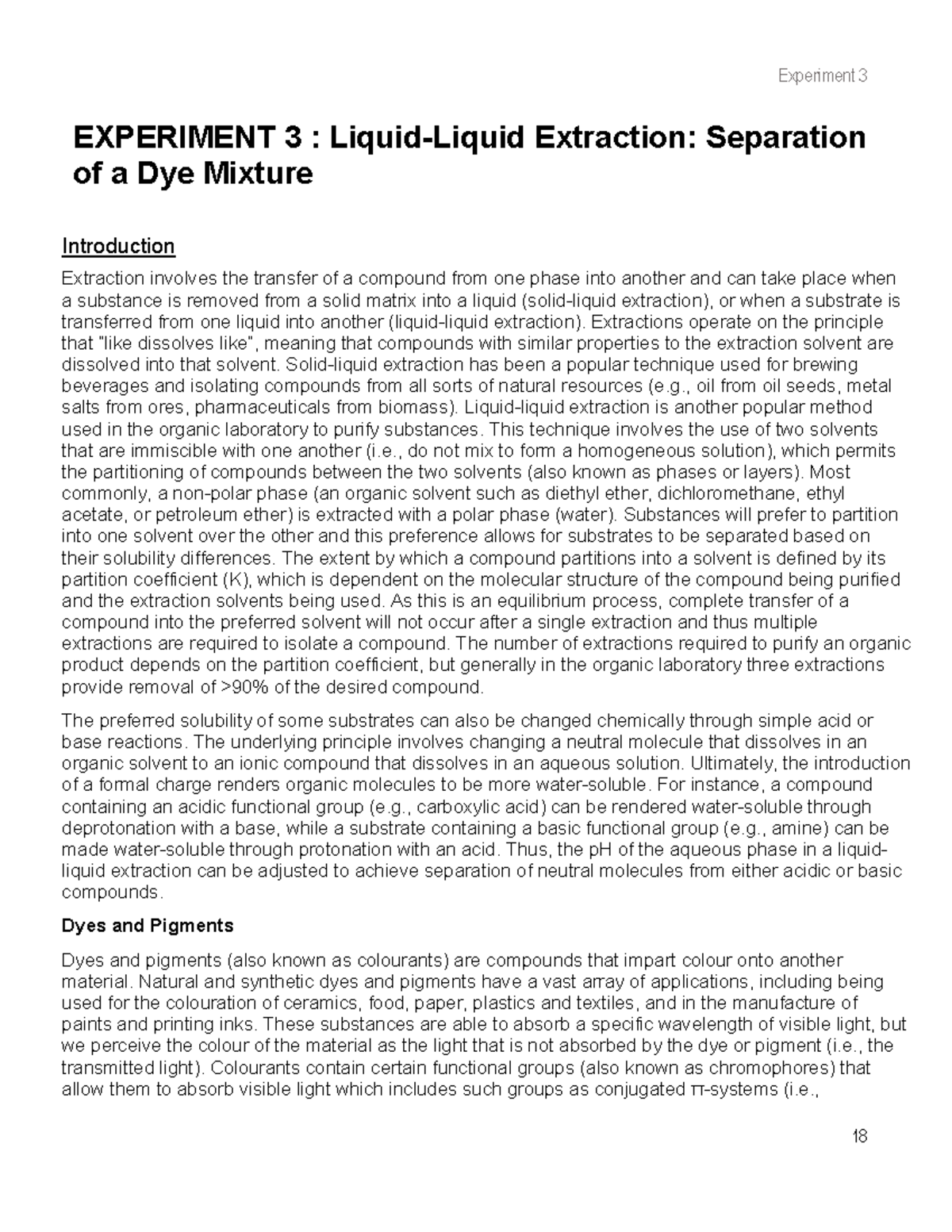Chem 2OA3 - Exp 3: Extraction and Separation of Dye Mixtures - Studocu