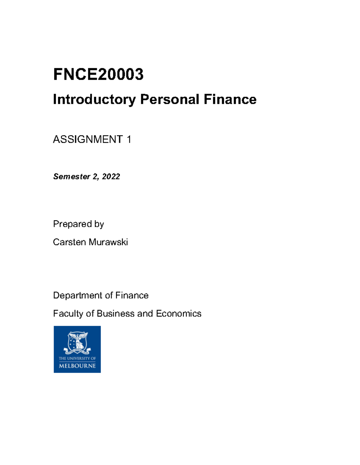 FNCE2000 3-20222-A1 - assignment information for assignment 1 - FNCE ...