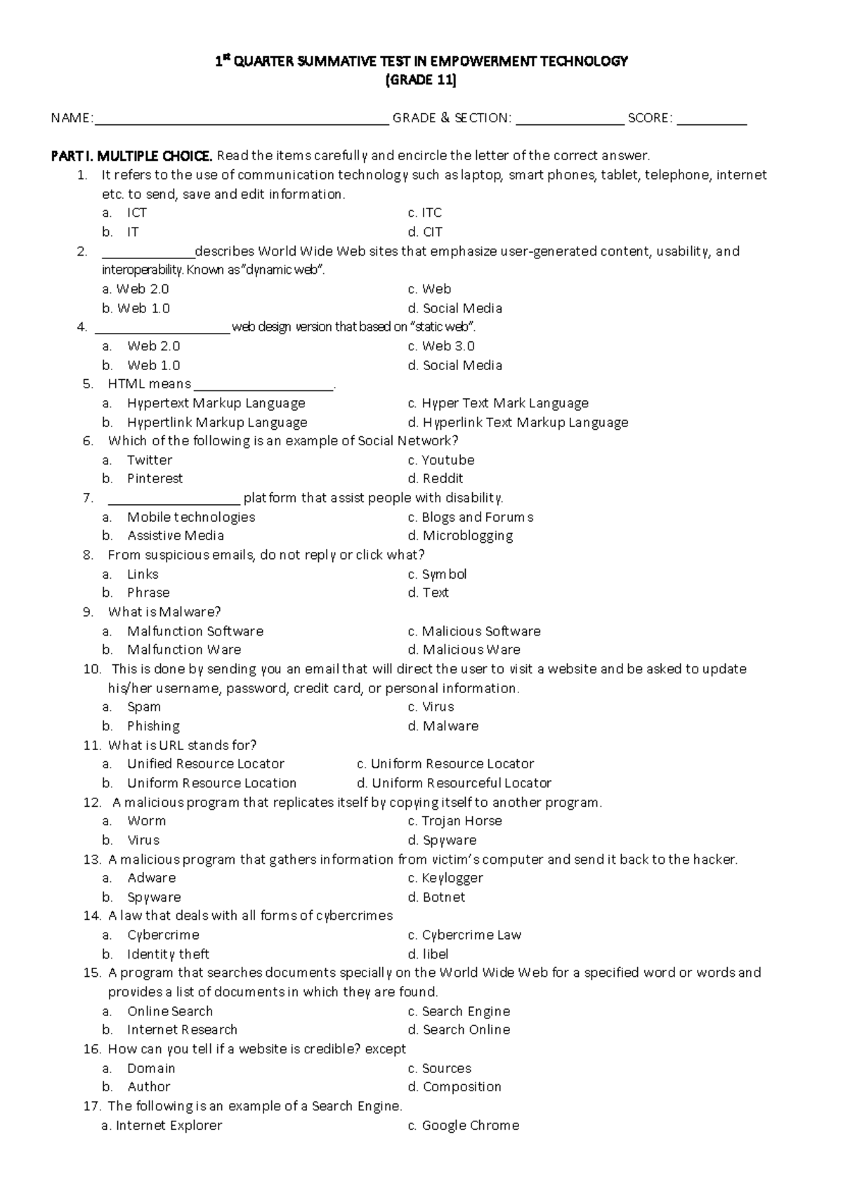 1st Qtr Summative Test in Empowerment Tech (Grade 11) - Studocu