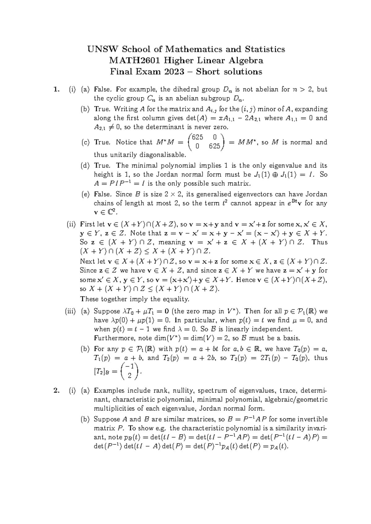 MATH2601 Higher Linear Algebra Final Exam 2023 Short Solutions - Studocu