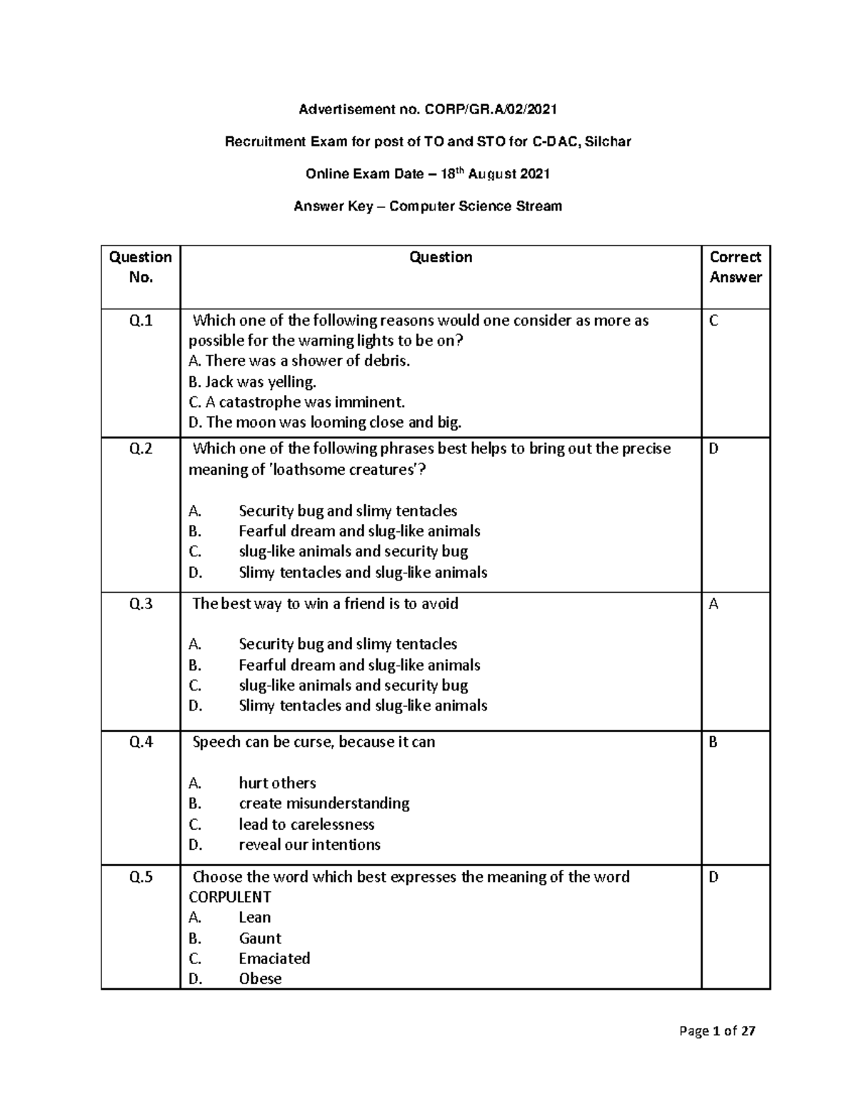Answer Key for Recruitment Exam: TO & STO - Computer Science Stream ...