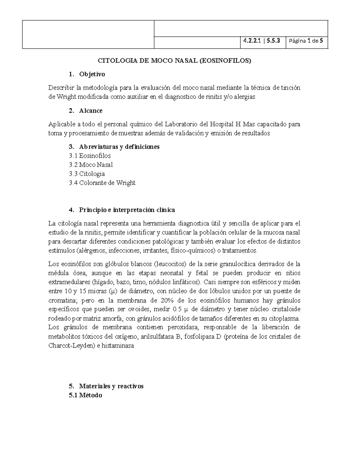 CITOLOGÍA DE MOCO NASAL (EOSINÓFILOS) - TÉCNICA DE TINCIÓN 4.2.2.1 ...