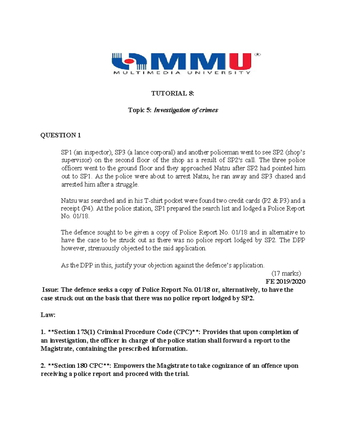 Tutorial 8 - Question - TUTORIAL 8: Topic 5: Investigation of crimes ...