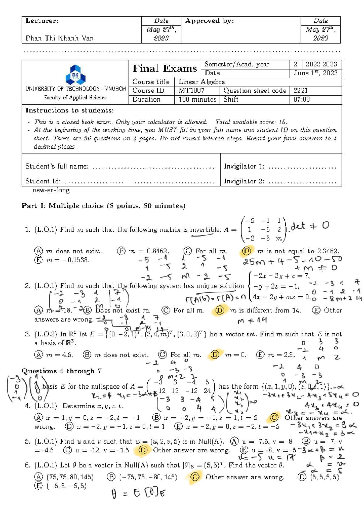 Final Exam MT1007: Linear Algebra Question Sheet - June 1, 2023 - Studocu