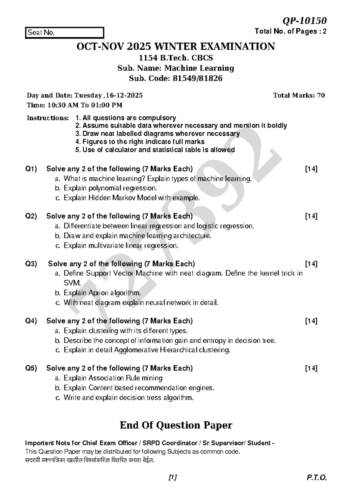 Machine Learning Exam Questions - B.Tech 1154 Winter 2023 - Studocu