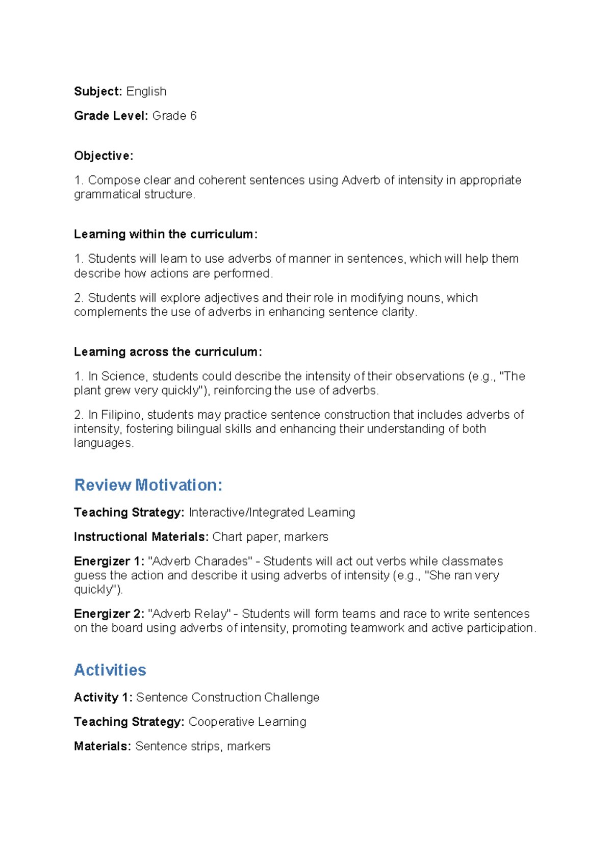 Lesson plan - Thanks me later - Subject: English Grade Level: Grade 6 ...