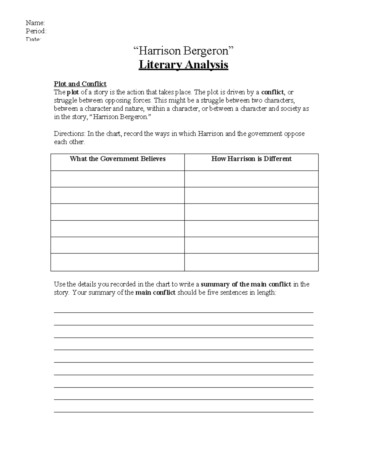 Harrison Bergeron - Literary Analysis and Vocabulary Practice - Studocu