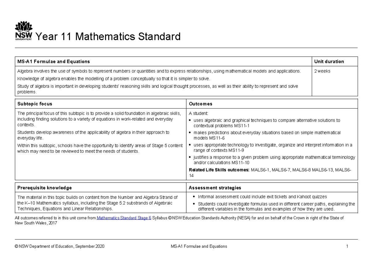 Mathematics Standard MS-A1 Formulae & Equations Unit S6 Overview - Studocu