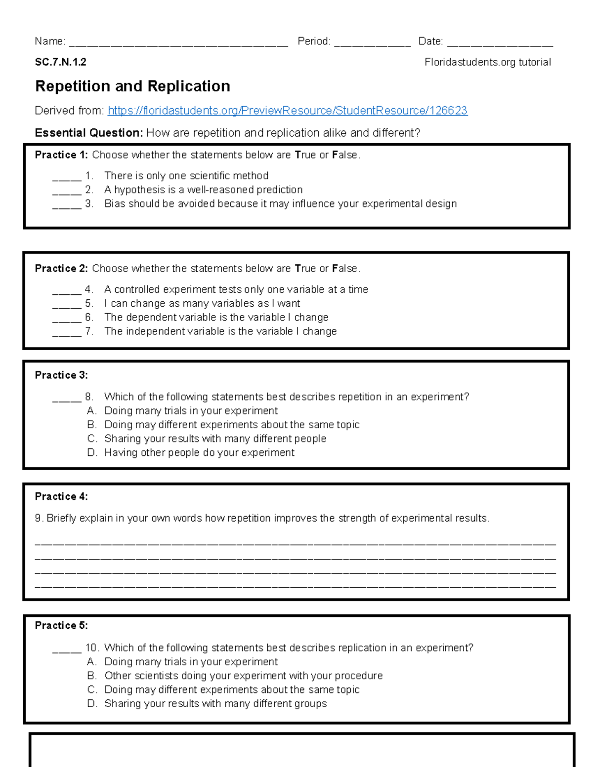 Floridastudents - SC.7.N.1.2 Repetition and Replication - Name: - Studocu