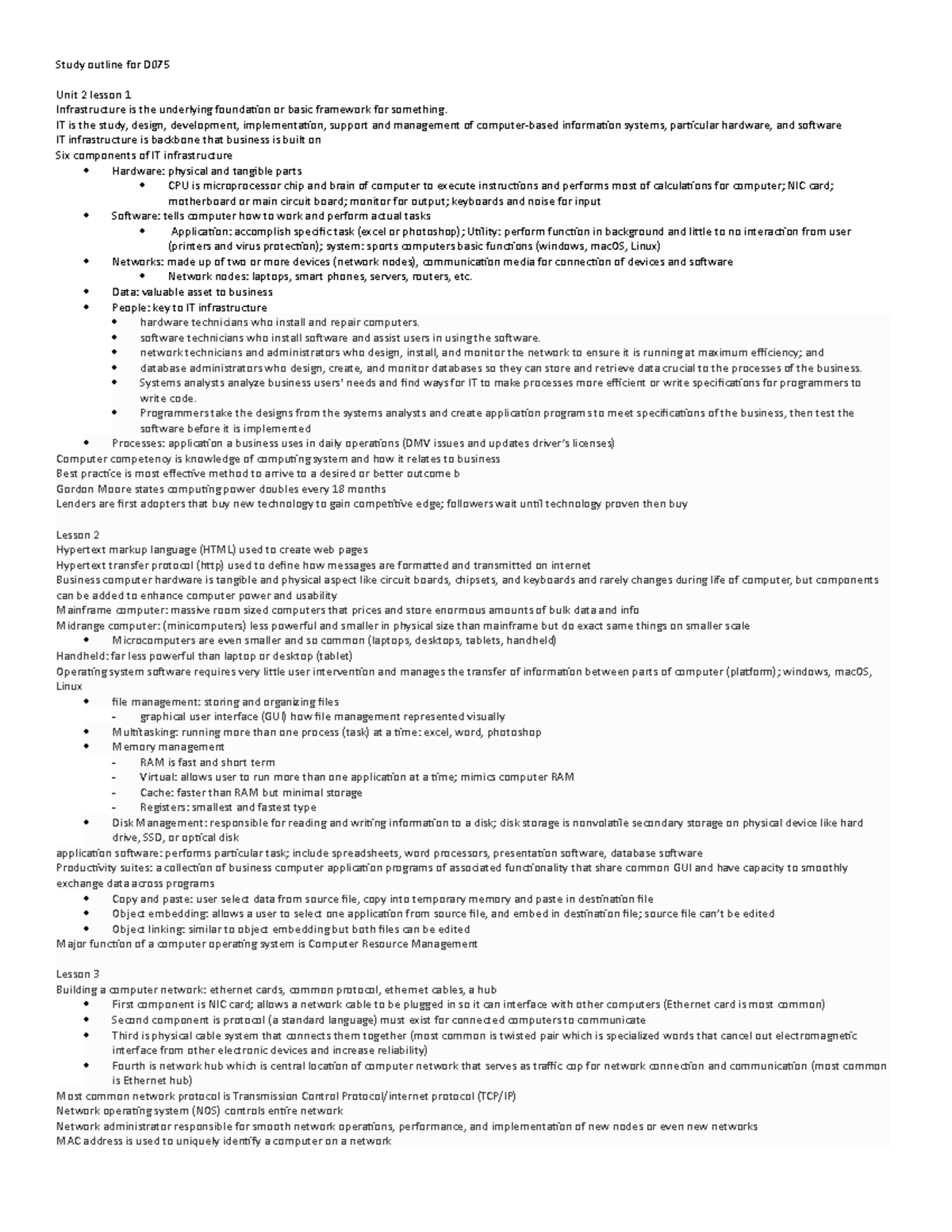 D075 STUDY GUIDE IT MANAGEMENT ESSENTIALS - Study outline for D075 Unit ...