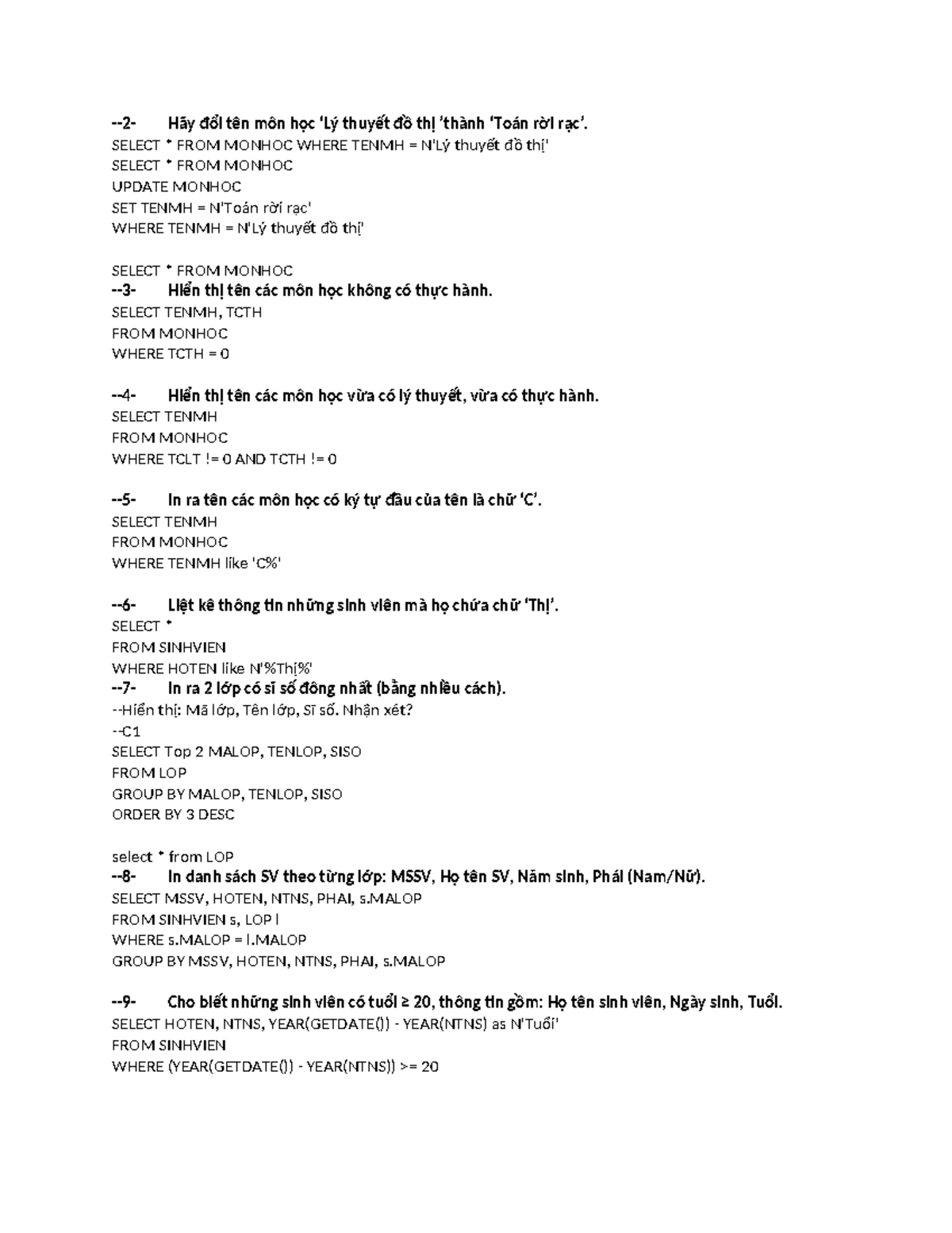 SQL Queries for Database Management in Toán Rời Rạc Course (MT101 ...