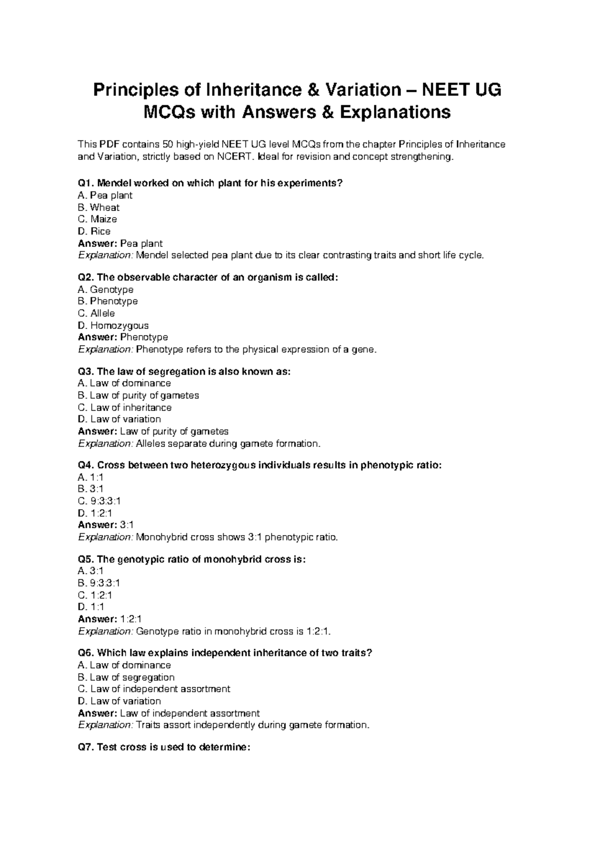 Principles of Inheritance & Variation - NEET UG MCQs with Explanations ...