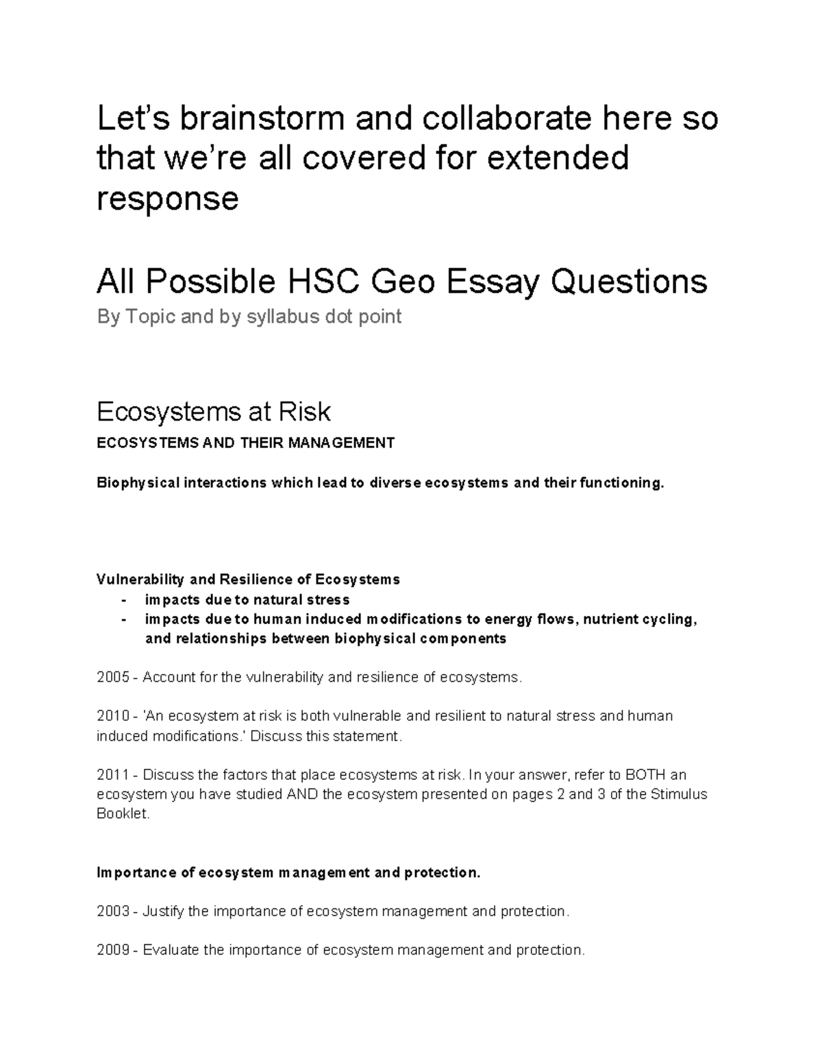 HSC Geo Essay Questions: Ecosystems at Risk & Management Strategies ...