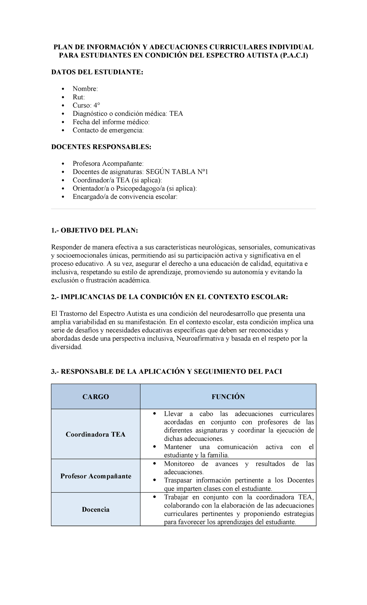 PACI EJEMPLO 2025: Plan de Adecuaciones Curriculares para TEA - Studocu