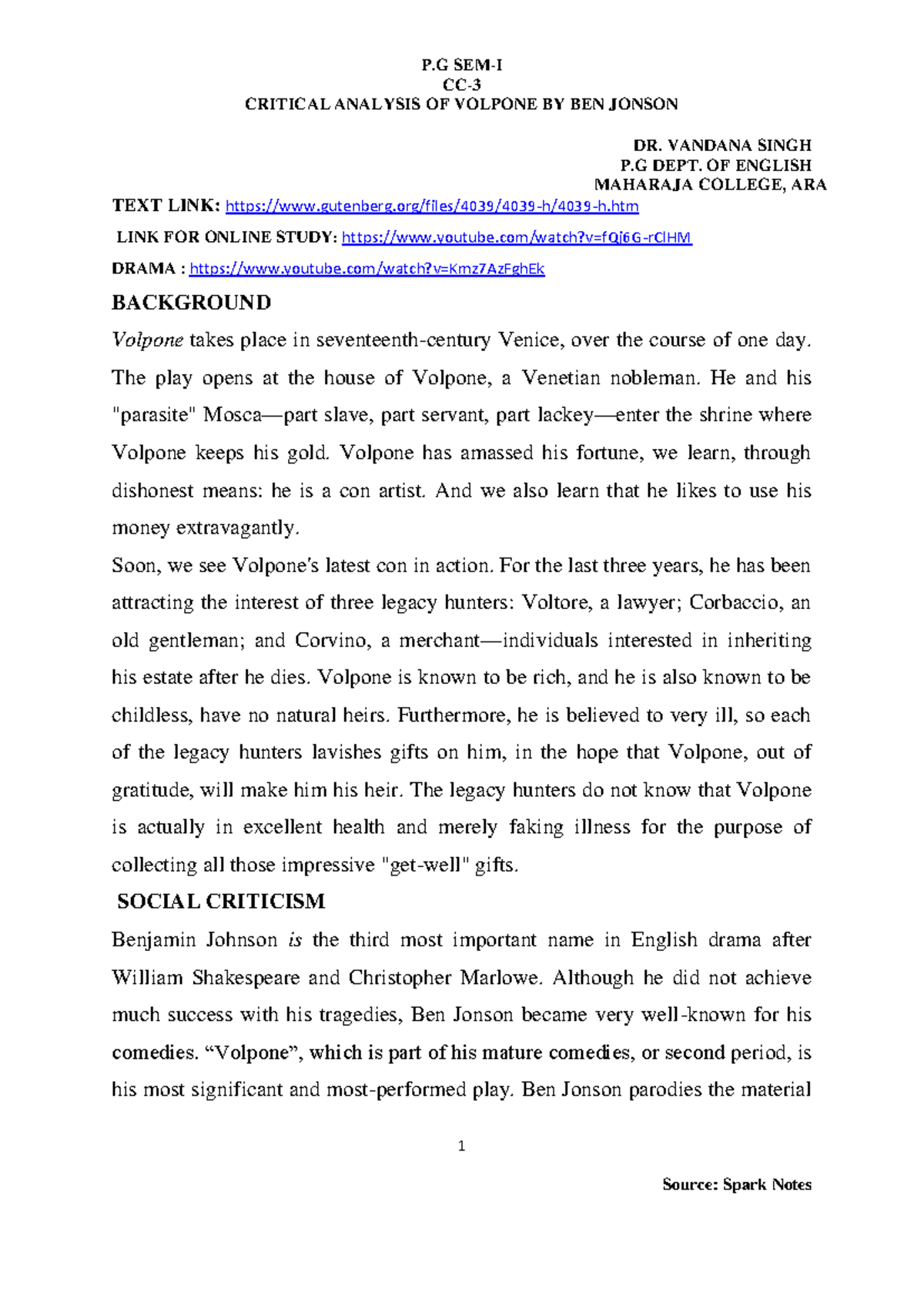 Critical Analysis of "Volpone" by Ben Jonson - PG SEM I CC 3 - Studocu
