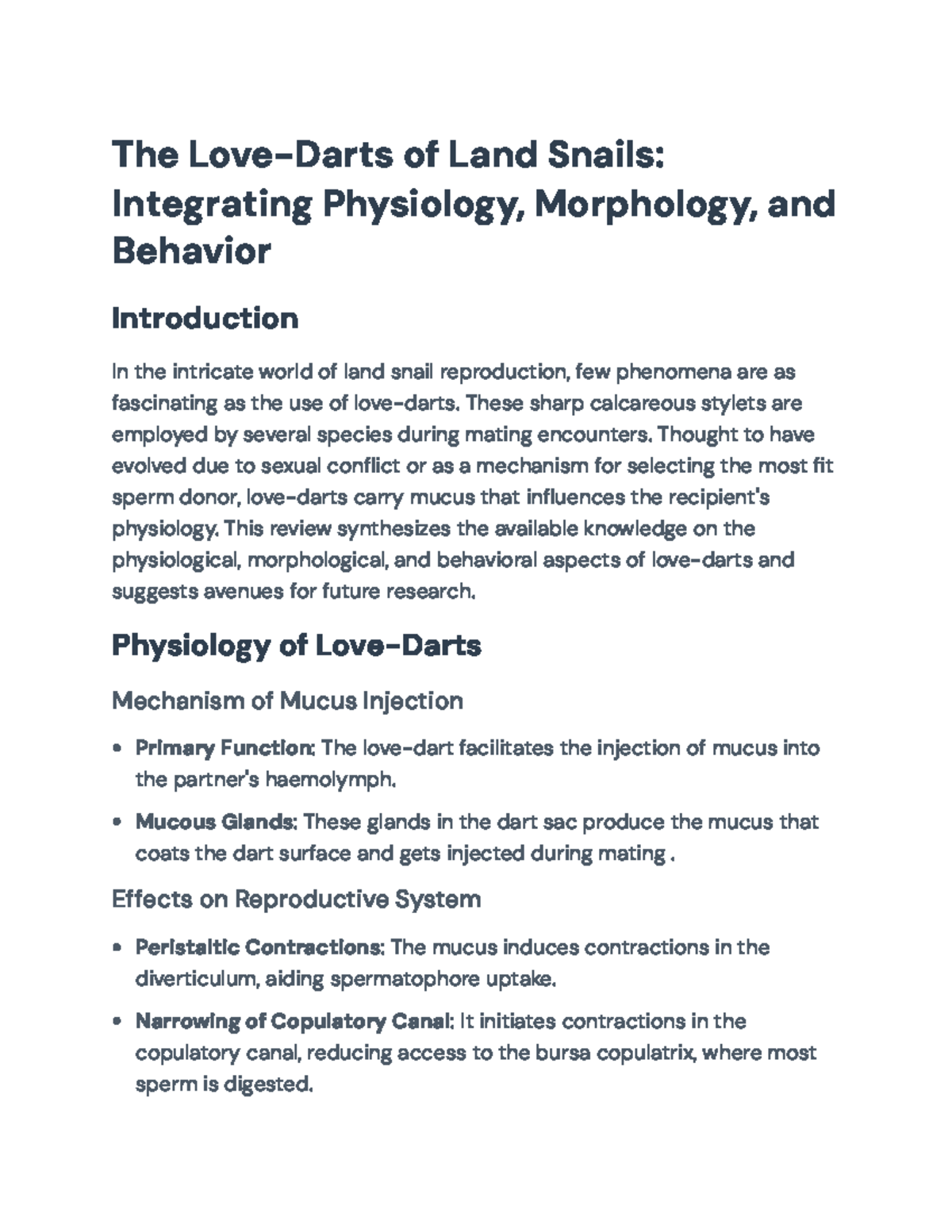 Integrating Physiology, Morphology & Behavior of Snail Love-Darts - Studocu