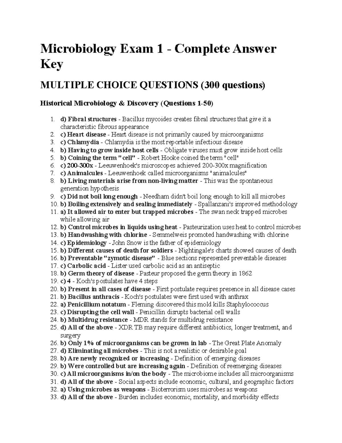 Microbiology Exam 1 Complete Answer Key: Multiple Choice & Short ...