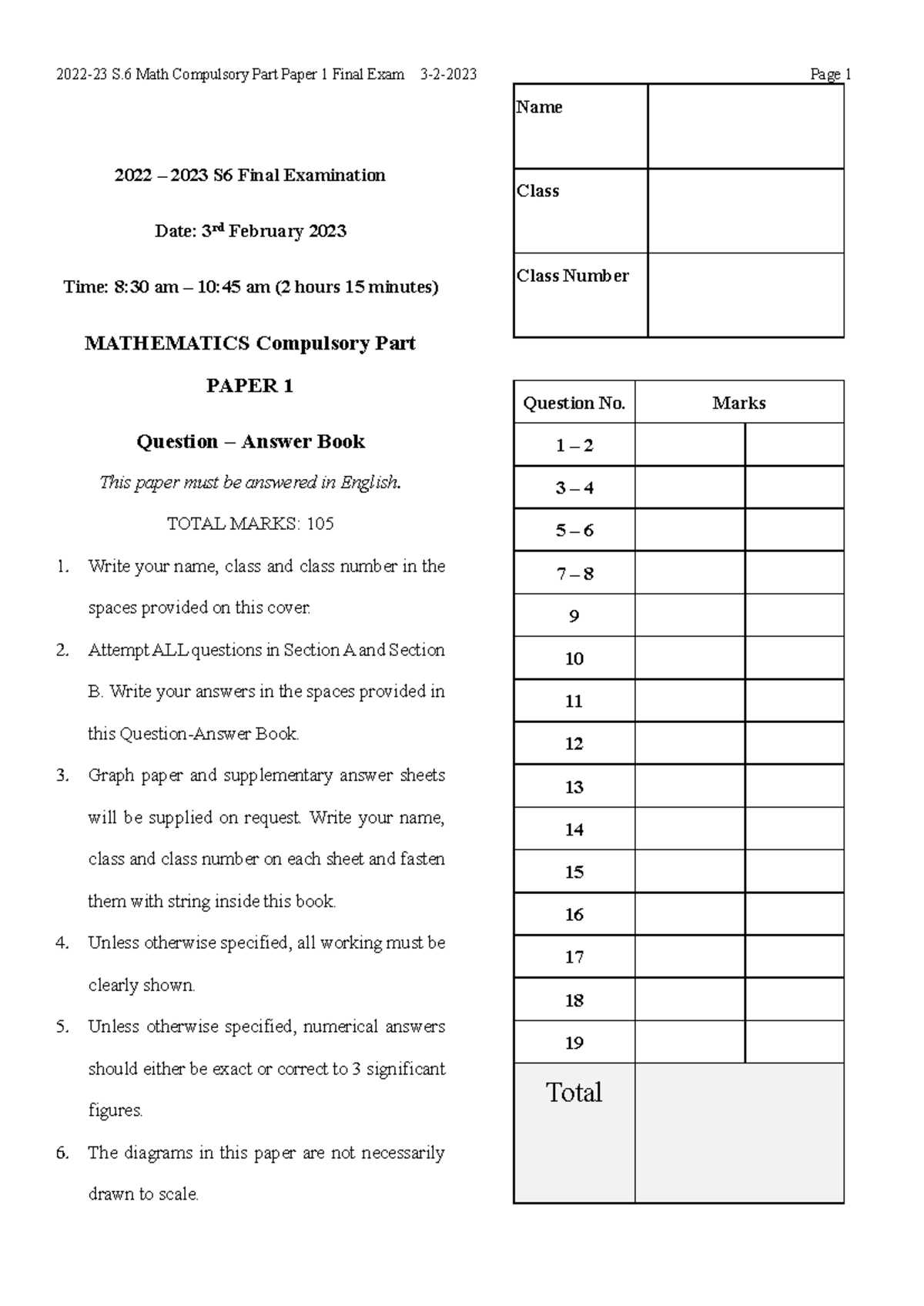 2022-2023 S6 Math CP Final Exam Paper 1 Question-Answer Book - Studocu