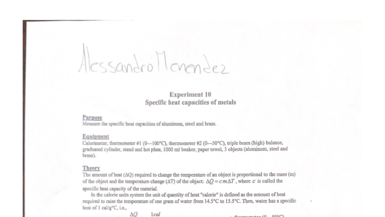 Experiment 10 - Specific Heat Capacities of Metals Lab Report - Studocu