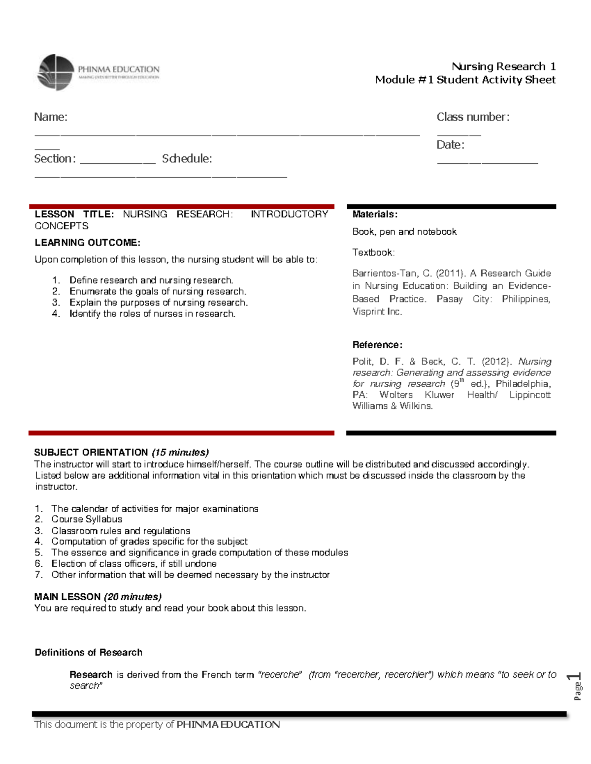 NUR-224-M1 Nursing Research: Concepts and Student Activity Sheet - Studocu