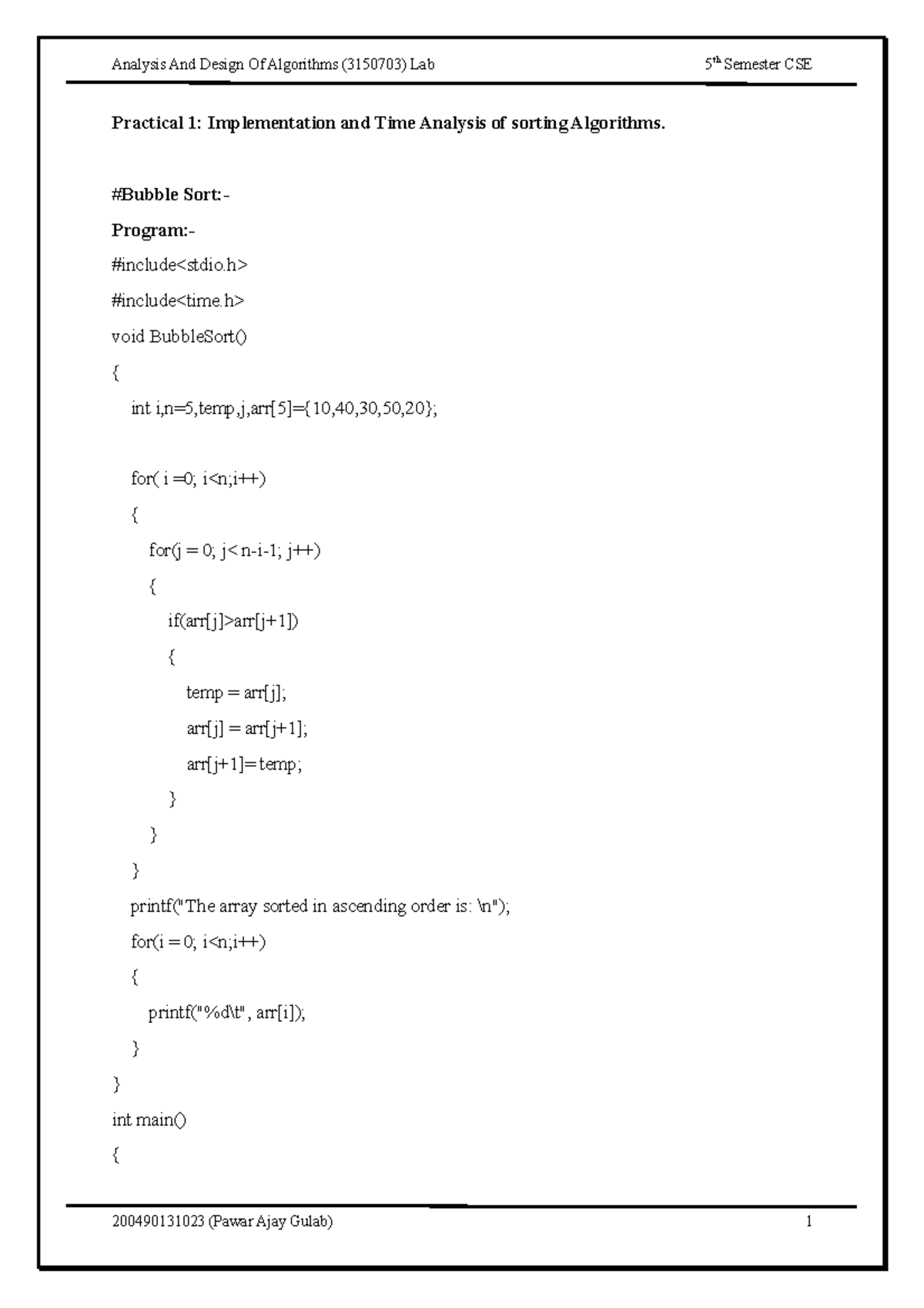 ADA Practicals - ADA Practical All Solution - Practical 1: Implementation and Time Analysis of ...