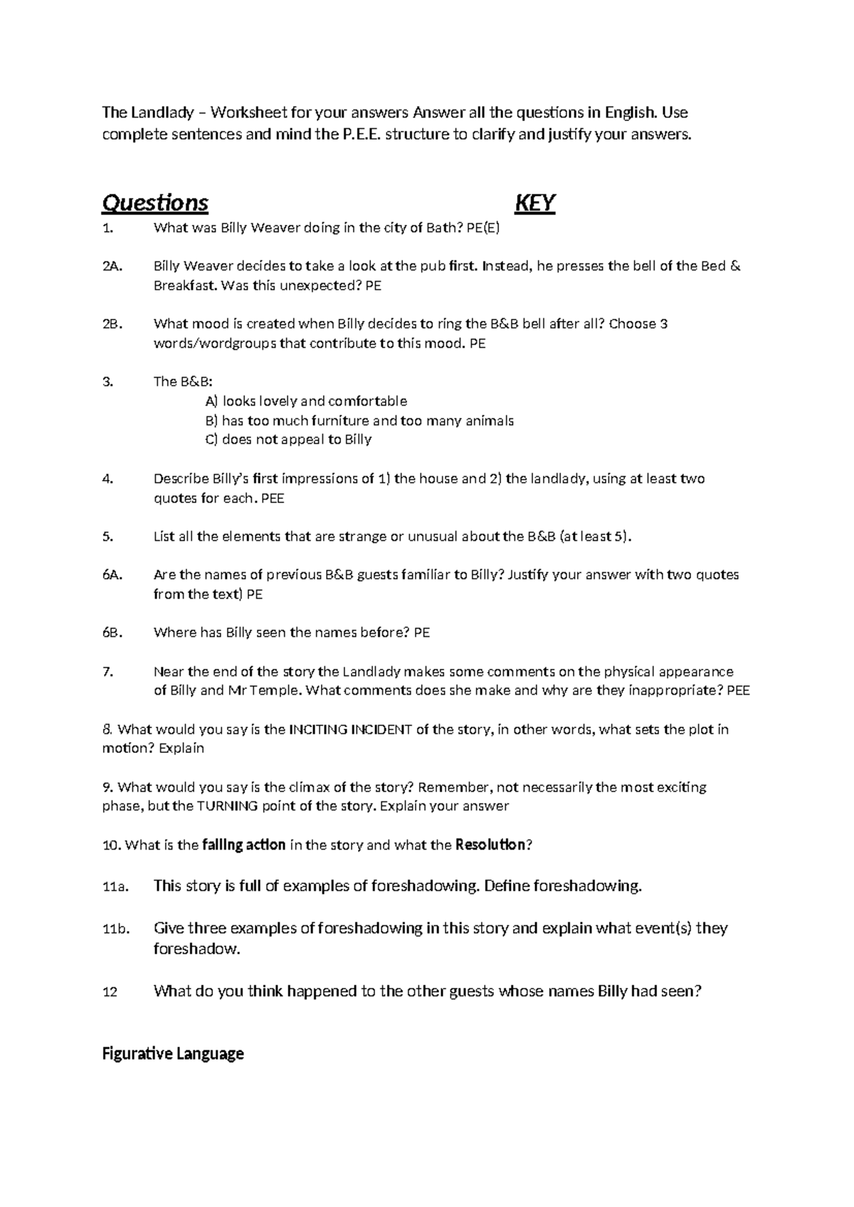 The Landlady Worksheet: Analyzing Key Elements and Themes - Studeersnel