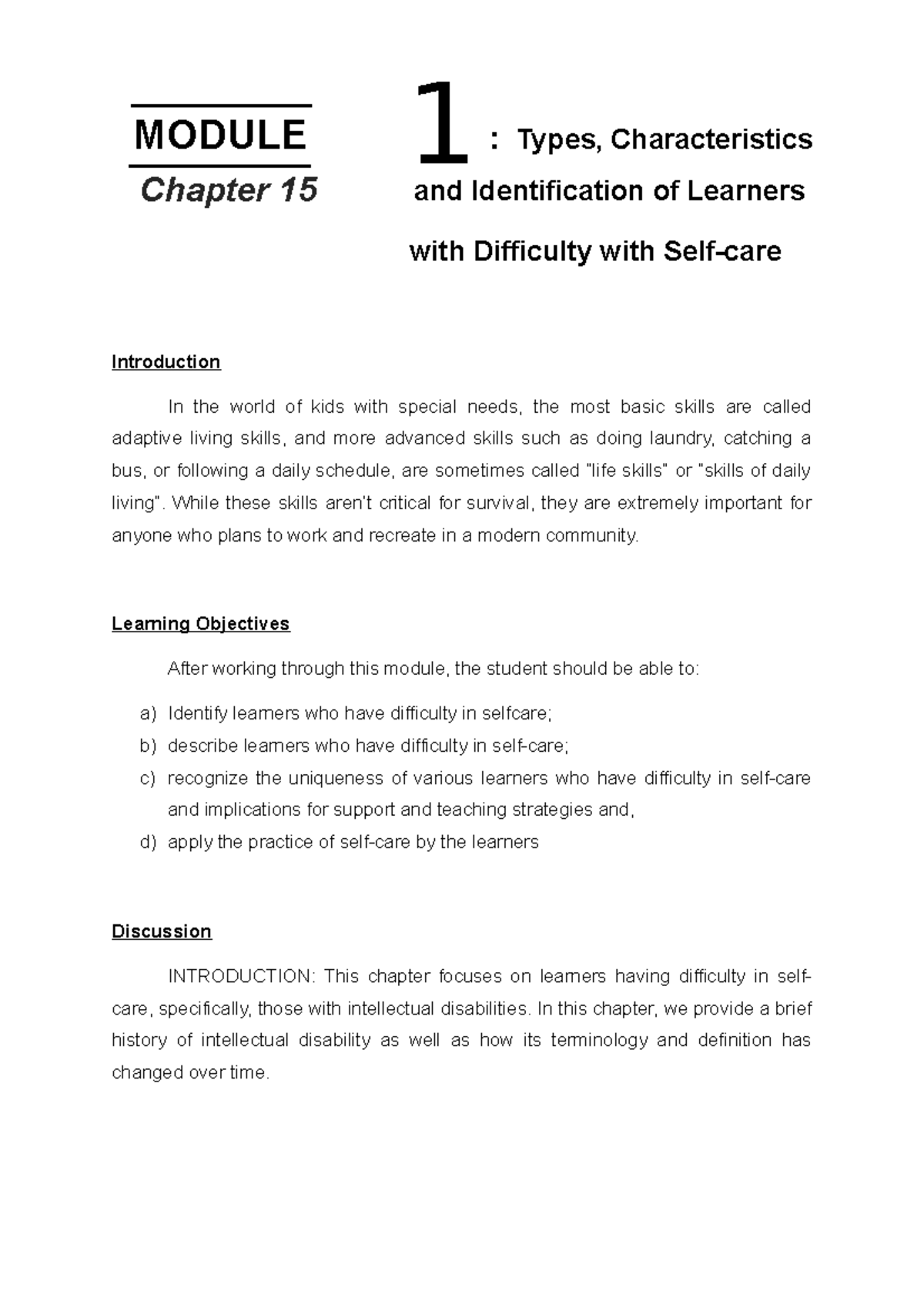 Chapter 15 Module: Summary of Learners with Self-Care Difficulties ...