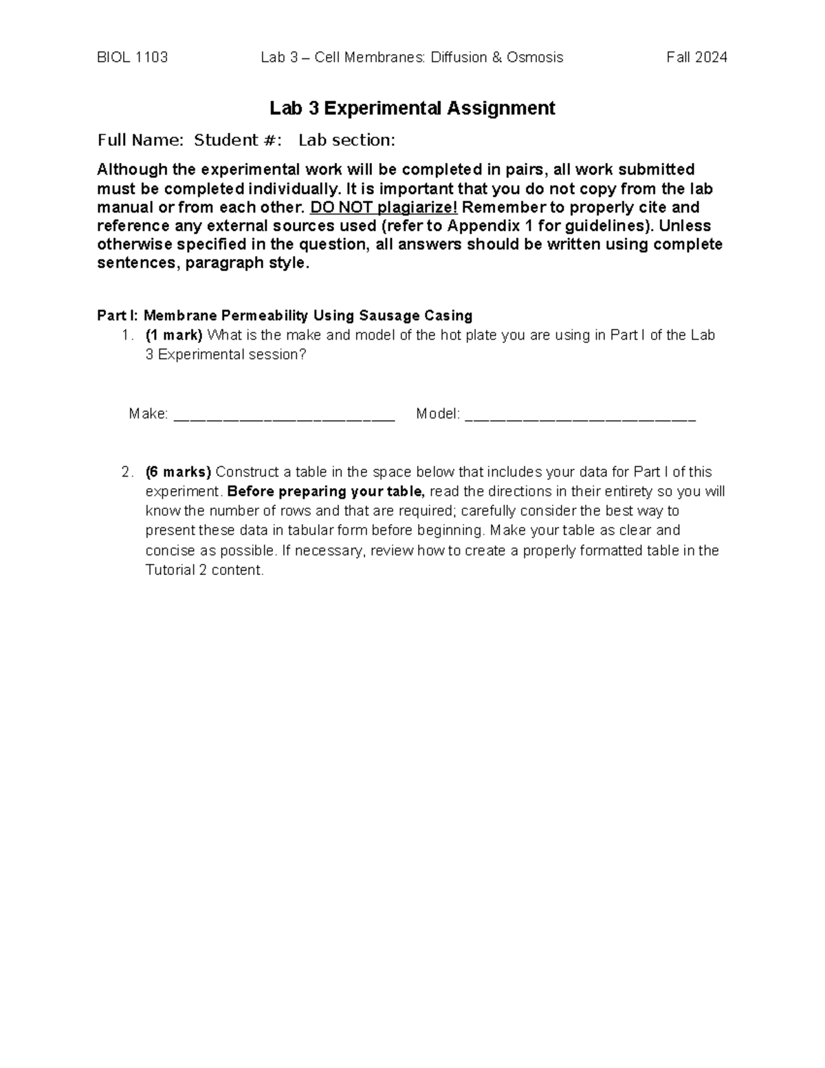 Lab 3 (BIO101) Experimental Assignment: Membrane Permeability & Osmosis ...