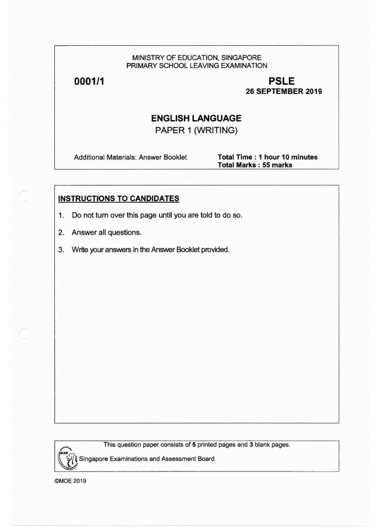 2019 PSLE English Language Paper 1 (Writing) - Exam Questions ...