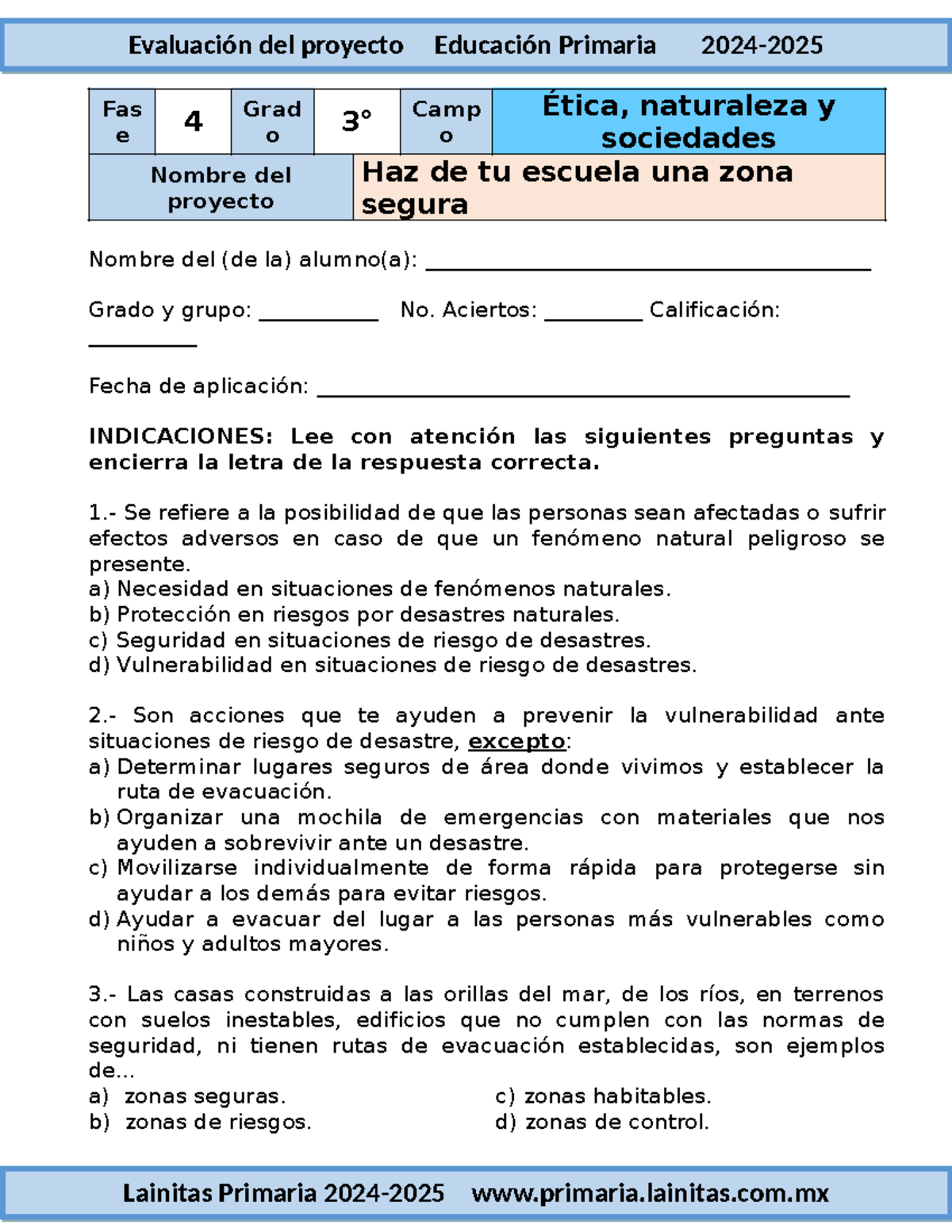 3er Grado - Examen Final: Haz de tu Escuela una Zona Segura (2024-2025 ...