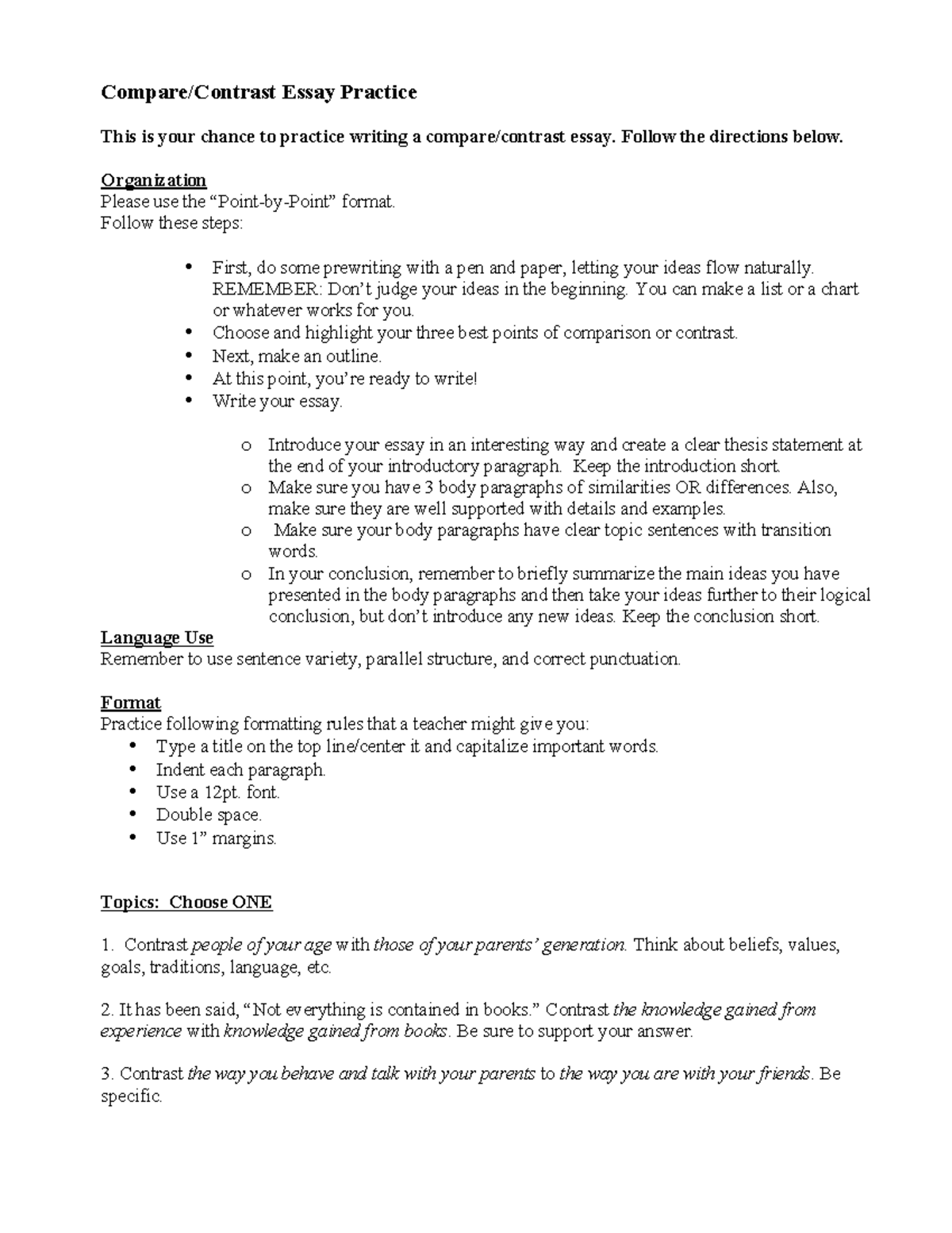 Compare Contrast Directions - Compare/Contrast Essay Practice This is ...