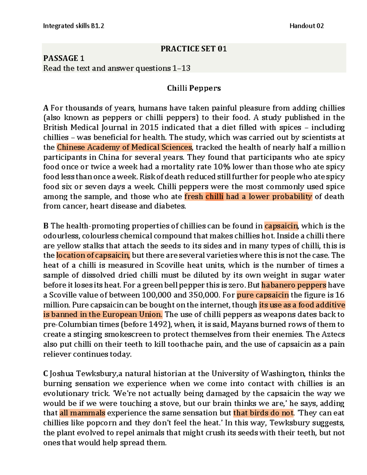 Integrated Skills B1.2 Handout 02 - Practice Set 01: Reading ...