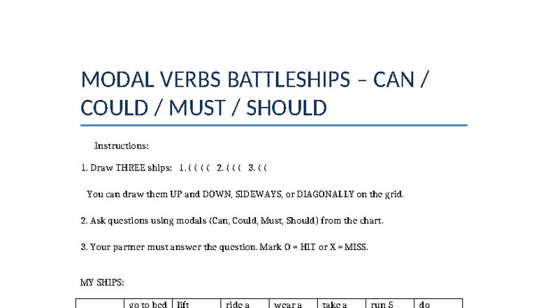 MODAL VERBS BATTLESHIP: CAN, COULD, MUST, SHOULD Instructions - Studocu