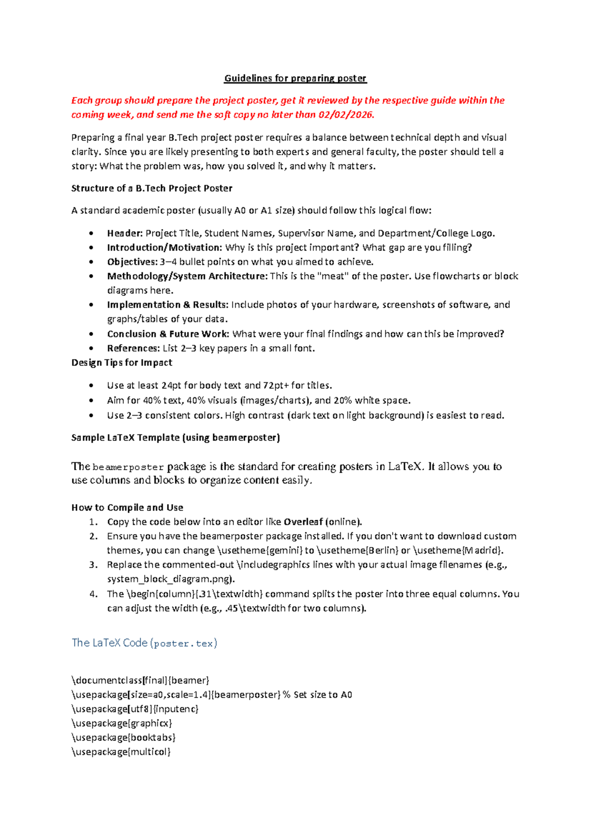 B.Tech Project Poster Guidelines: Preparing for Your Presentation - Studocu