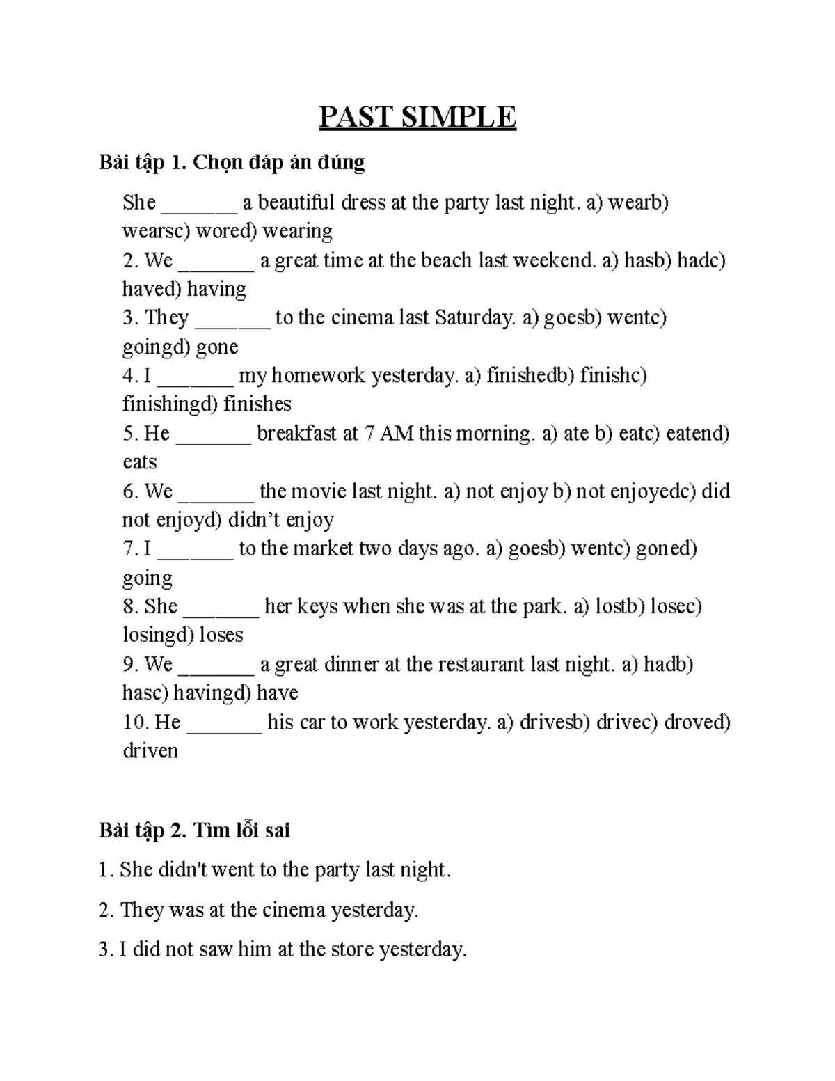 PAST SIMPLE Exercises and Practice Questions - Studocu