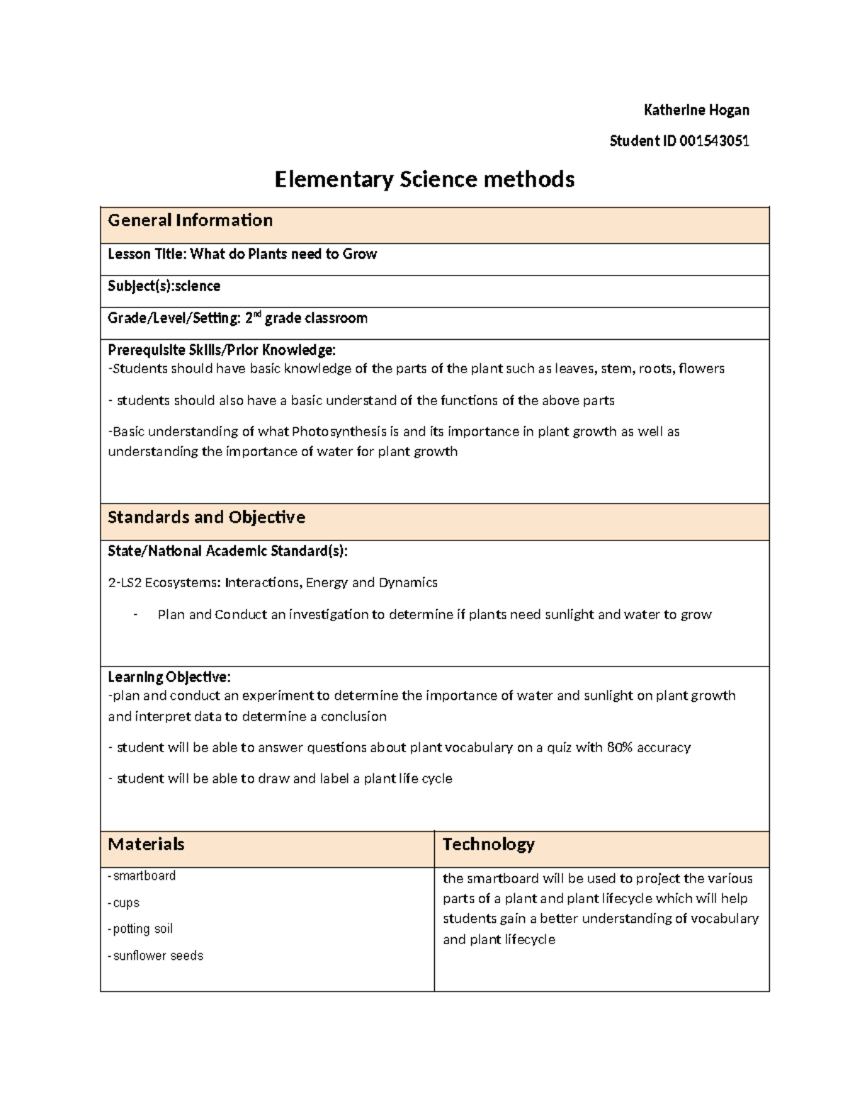 Elementary Science Lesson Plan: Understanding Plant Growth Needs - Studocu
