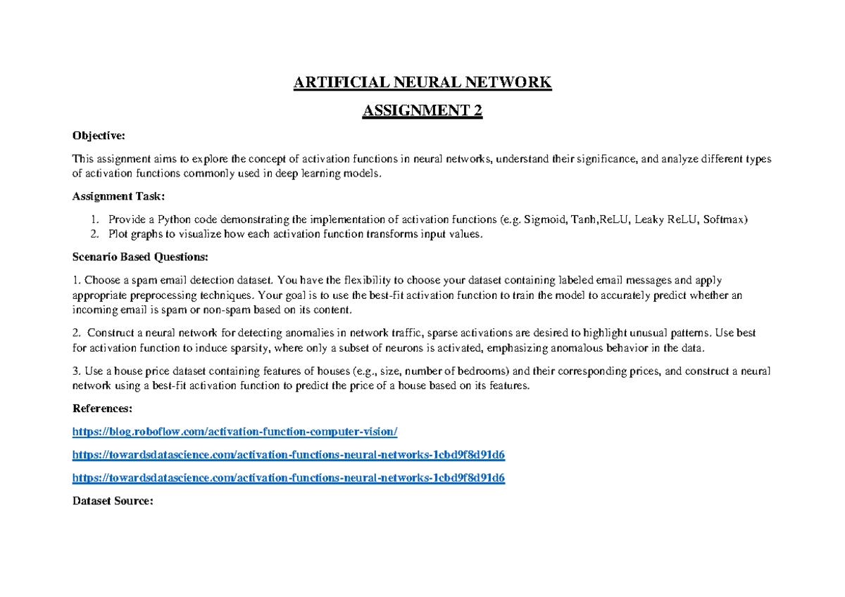 ANN Assignment 2 - Exploring Activation Functions in Python - Studocu