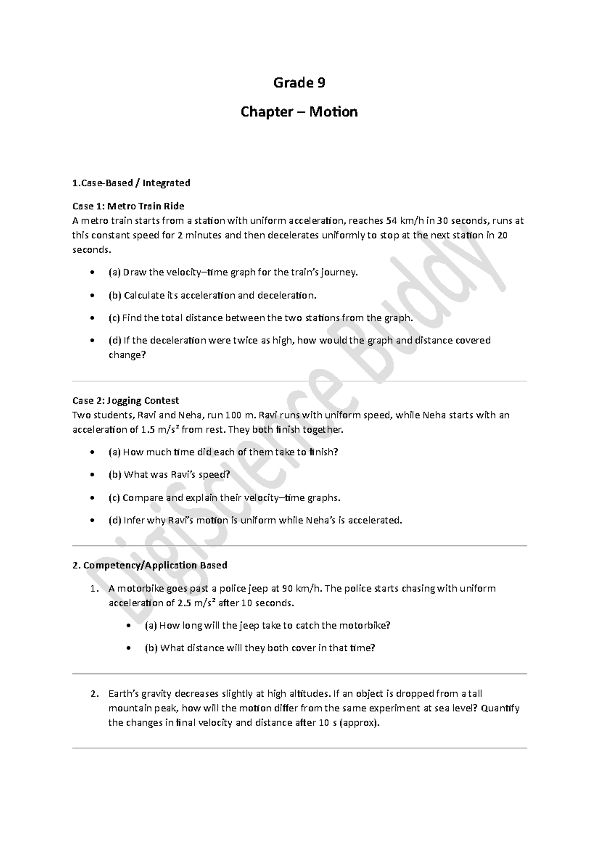 Grade 9 Motion Case Study: Metro Train & Jogging Contest Analysis - Studocu