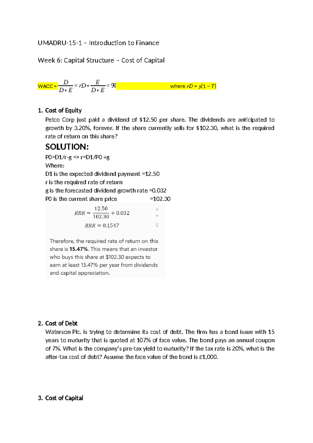 Cost of Capital tutorial exercises - UMADRU-15-1 – Introduction to ...