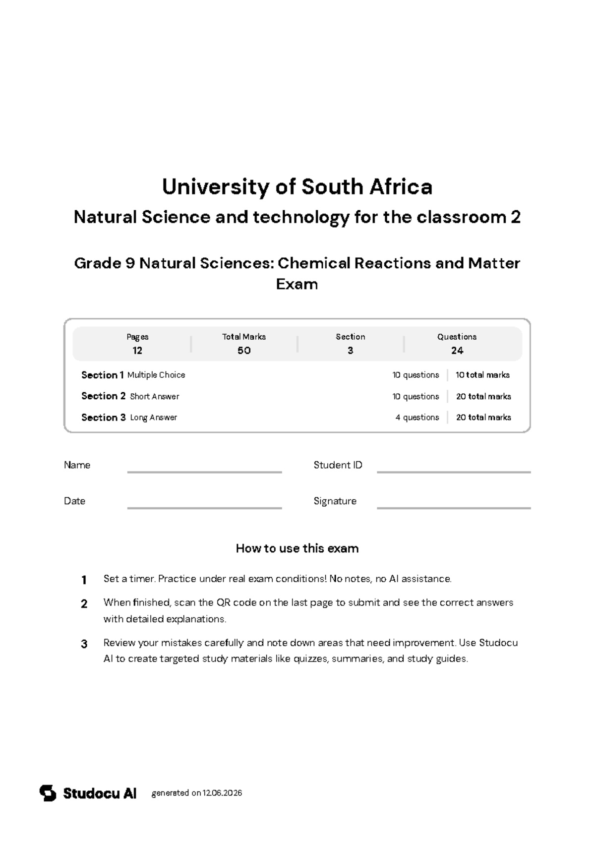 Grade 9 Natural Sciences: Chemical Reactions Exam - Studocu