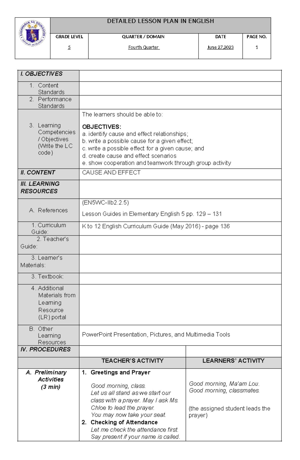 Cause and Effect in 5th Grade - 4AS Lesson Plan - Studocu