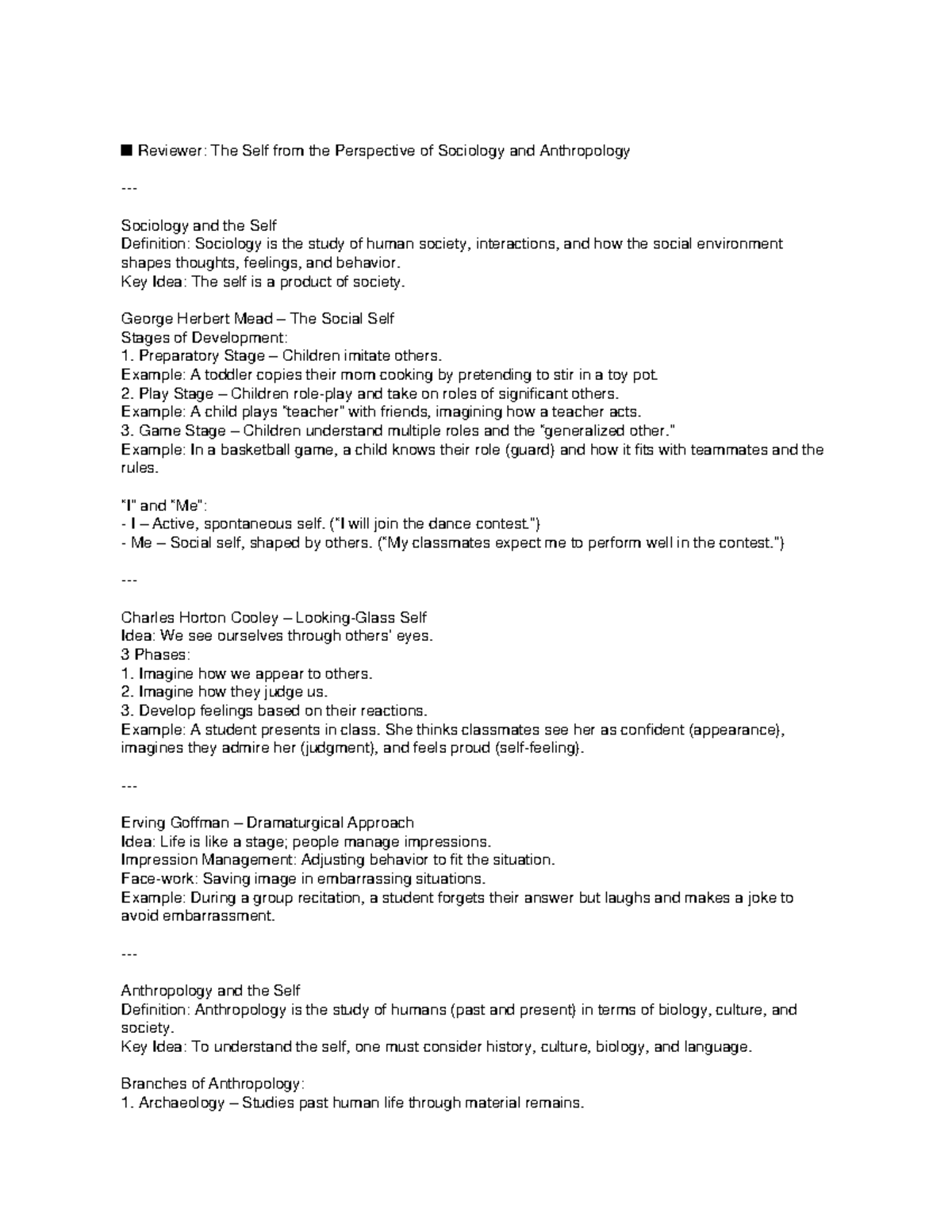 Reviewer: The Self in Sociology & Anthropology Insights - Studocu